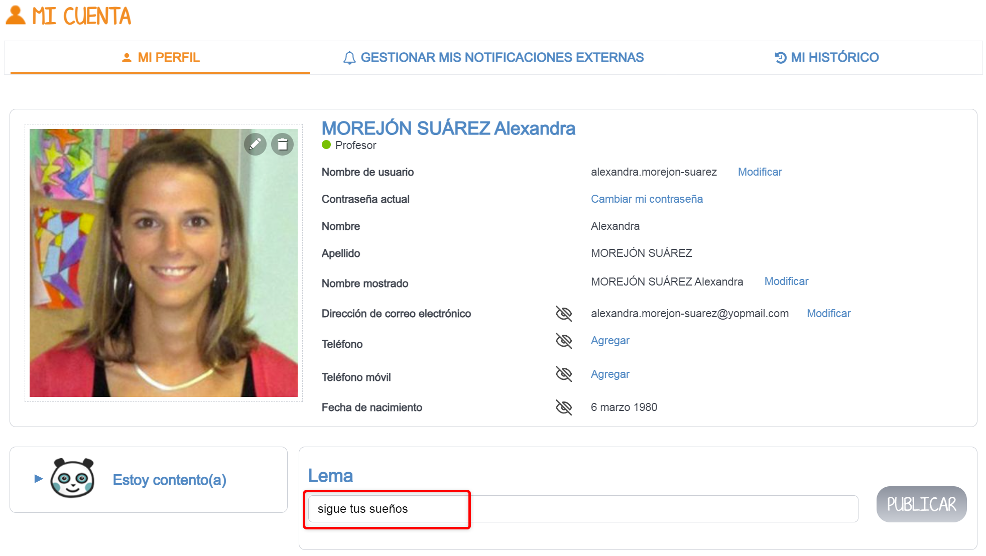 Escribir un lema, sus centros de interés y el humor del día en Mi ...